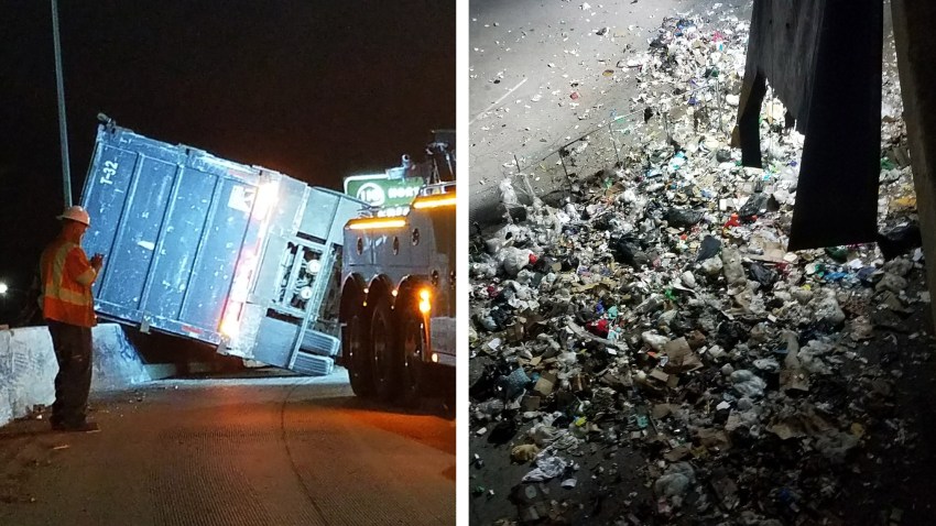 Trash Spills From Overturned Truck on Freeway Transition Near Downtown ...