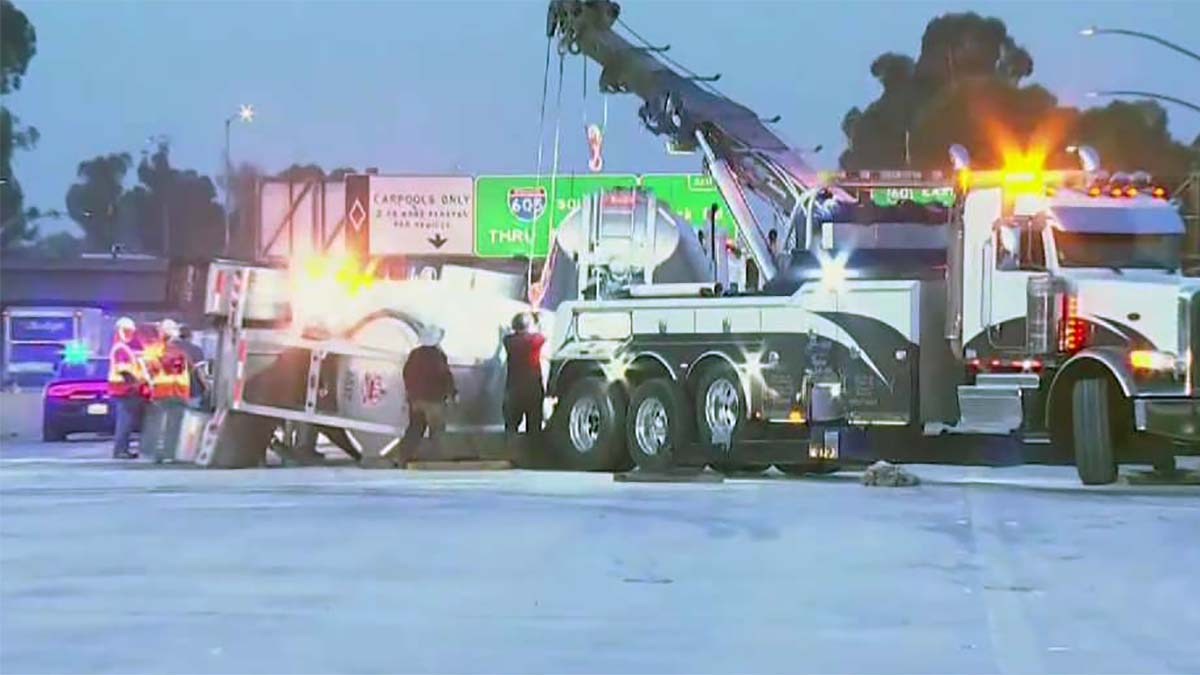 605 Freeway Reopens Hours After an Overnight Tanker Crash and Fuel ...