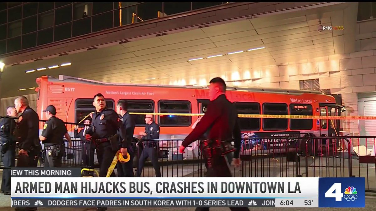 Hijacked Metro bus collides with cars and crashes into hotel – NBC Los ...