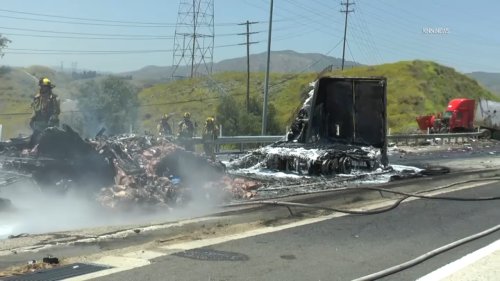 Fiery Semi Truck Collision Shuts Down Lanes On 5 Freeway Near Sylmar