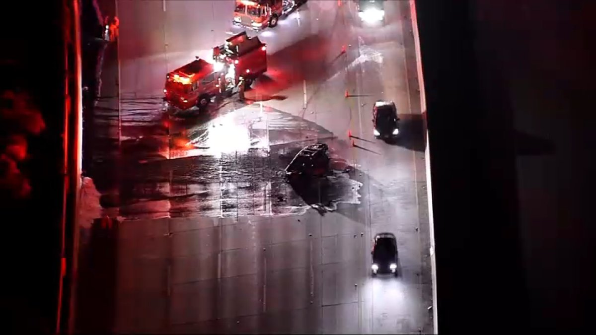 Car in flames shuts down lanes on the 118 Freeway near Granada Hills ...