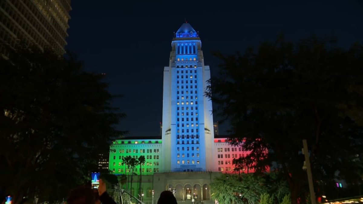 Here’s why LA City Hall was lit up in blue, green, white and red – NBC ...