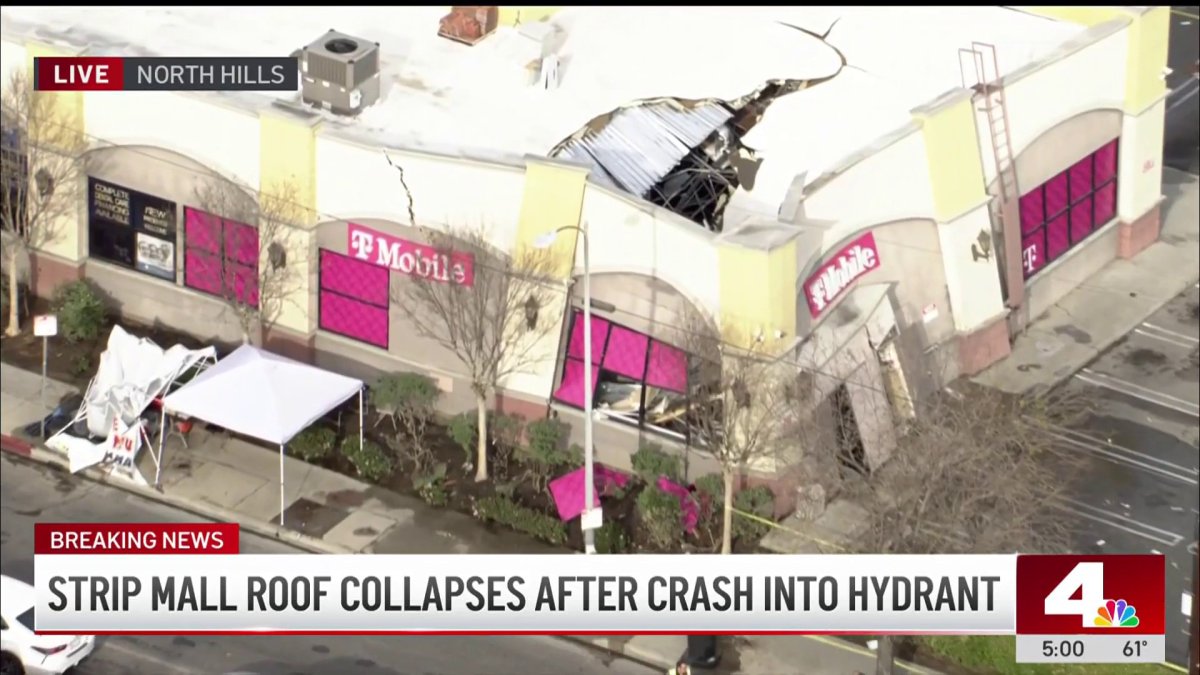 Strip mall roof collapses after fire hydrant crash in North Hills – NBC ...