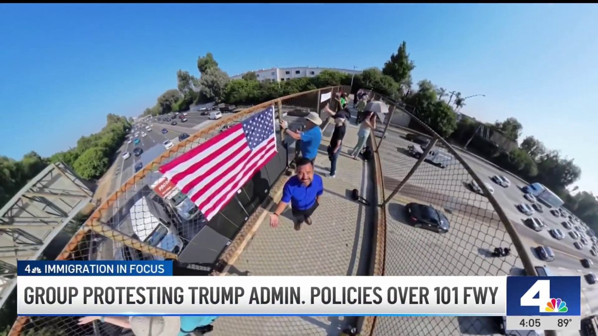 Group protests Trump policies on 101 Freeway overpass – NBC Los Angeles