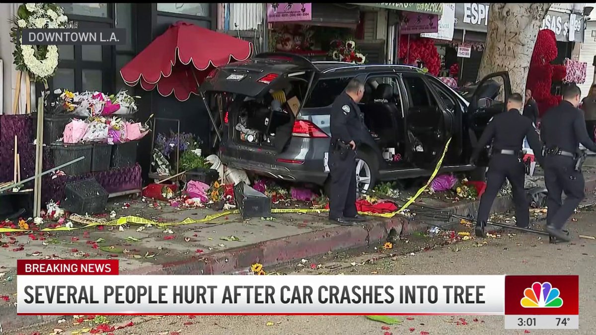 Dramatic video: Car crashes into a tree in downtown LA – NBC Los Angeles